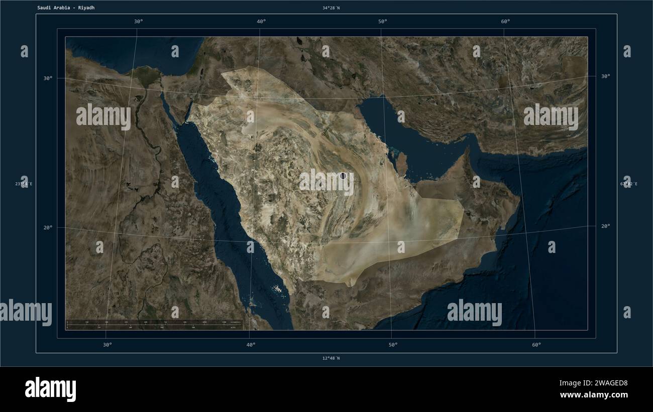 Saudi Arabia highlighted on a high resolution satellite map map with the country's capital point ...