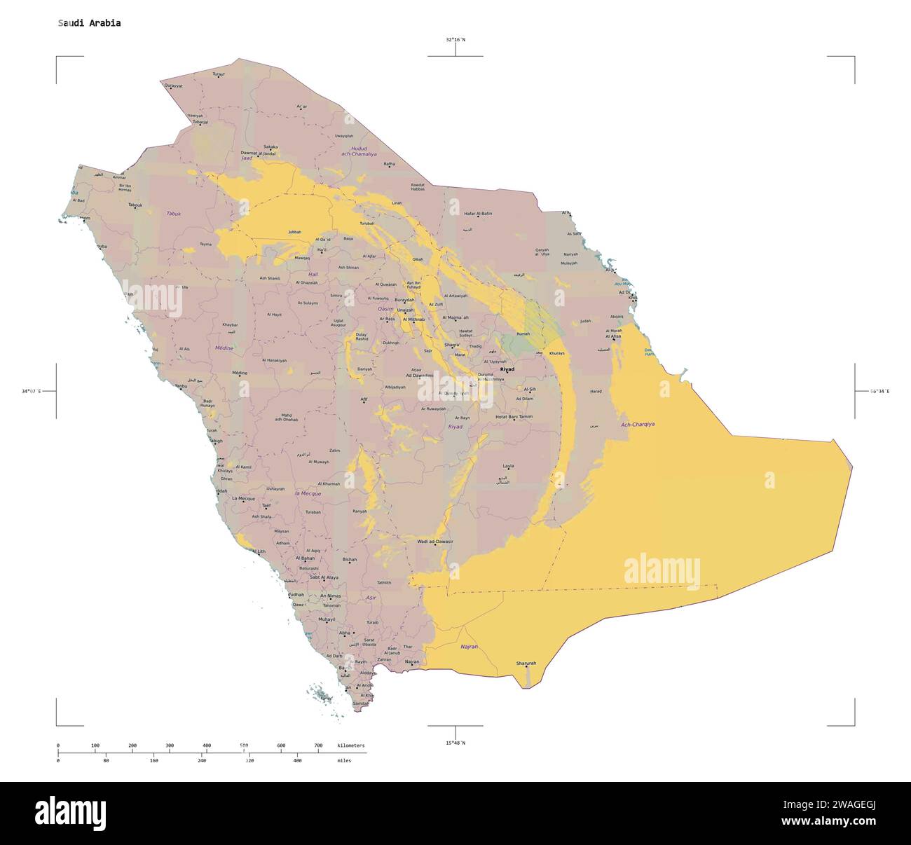 Shape of a topographic, OSM France style map of the Saudi Arabia, with ...