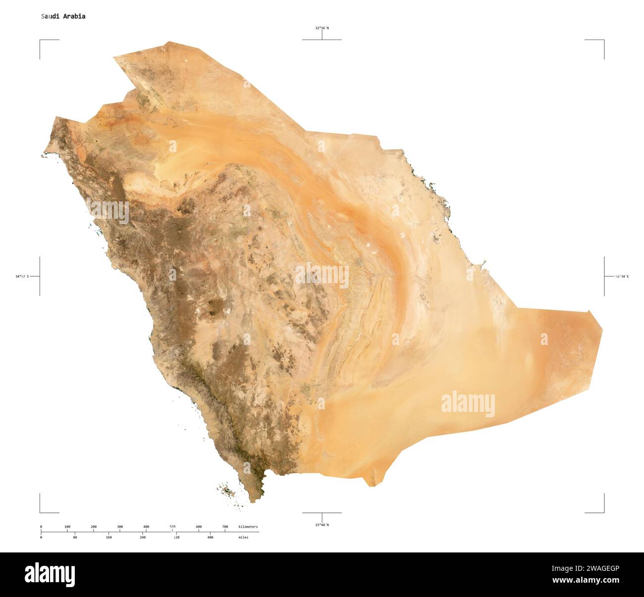 Shape of a low resolution satellite map of the Saudi Arabia, with distance scale and map border ...