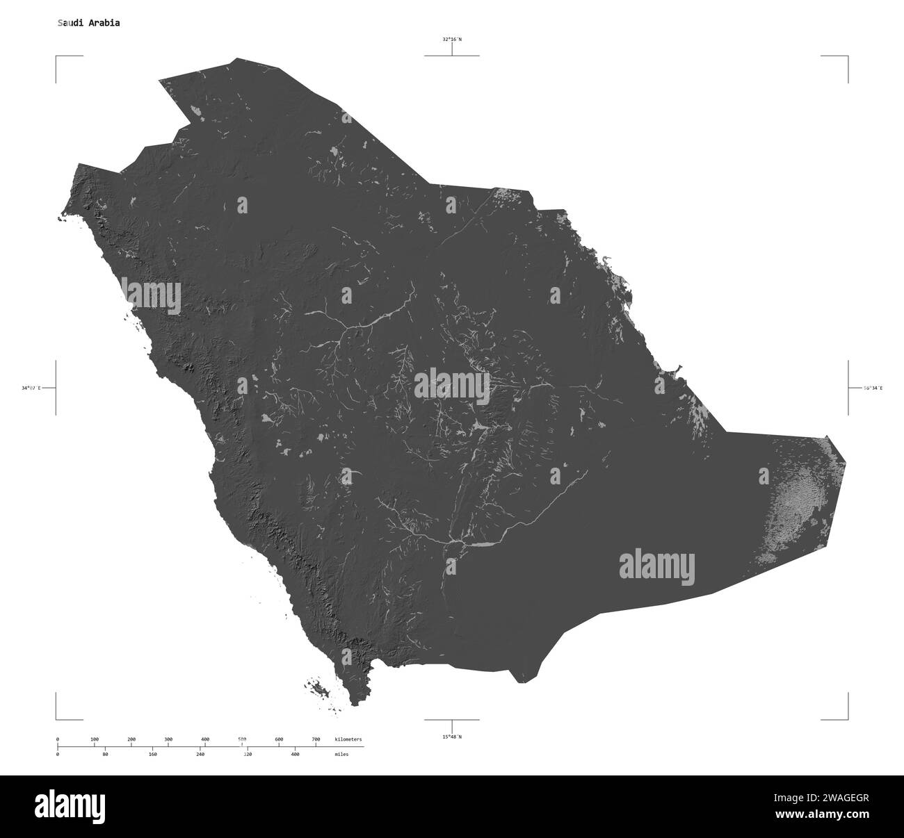Shape of a Bilevel elevation map with lakes and rivers of the Saudi ...