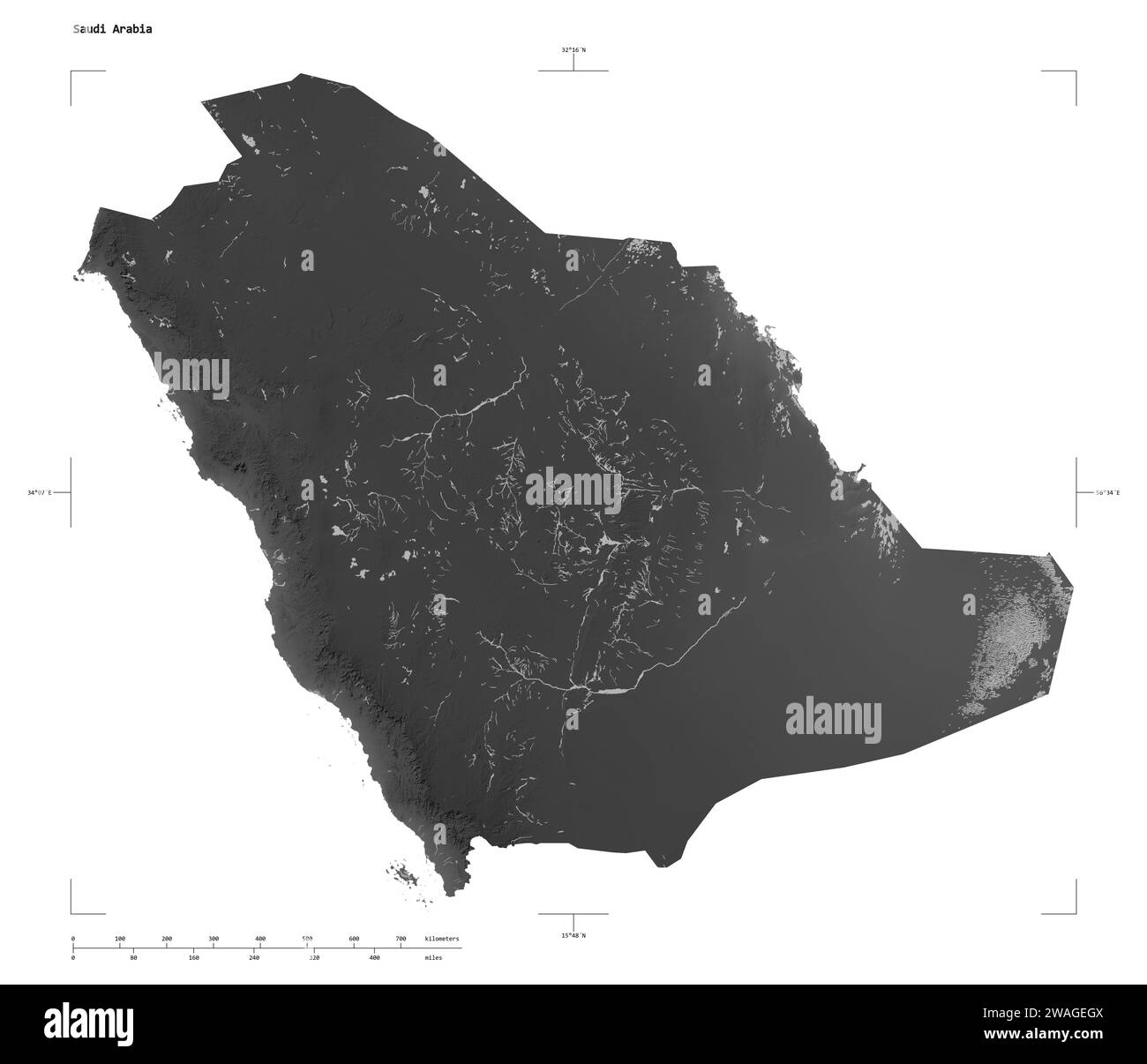 Shape of a Grayscale elevation map with lakes and rivers of the Saudi ...