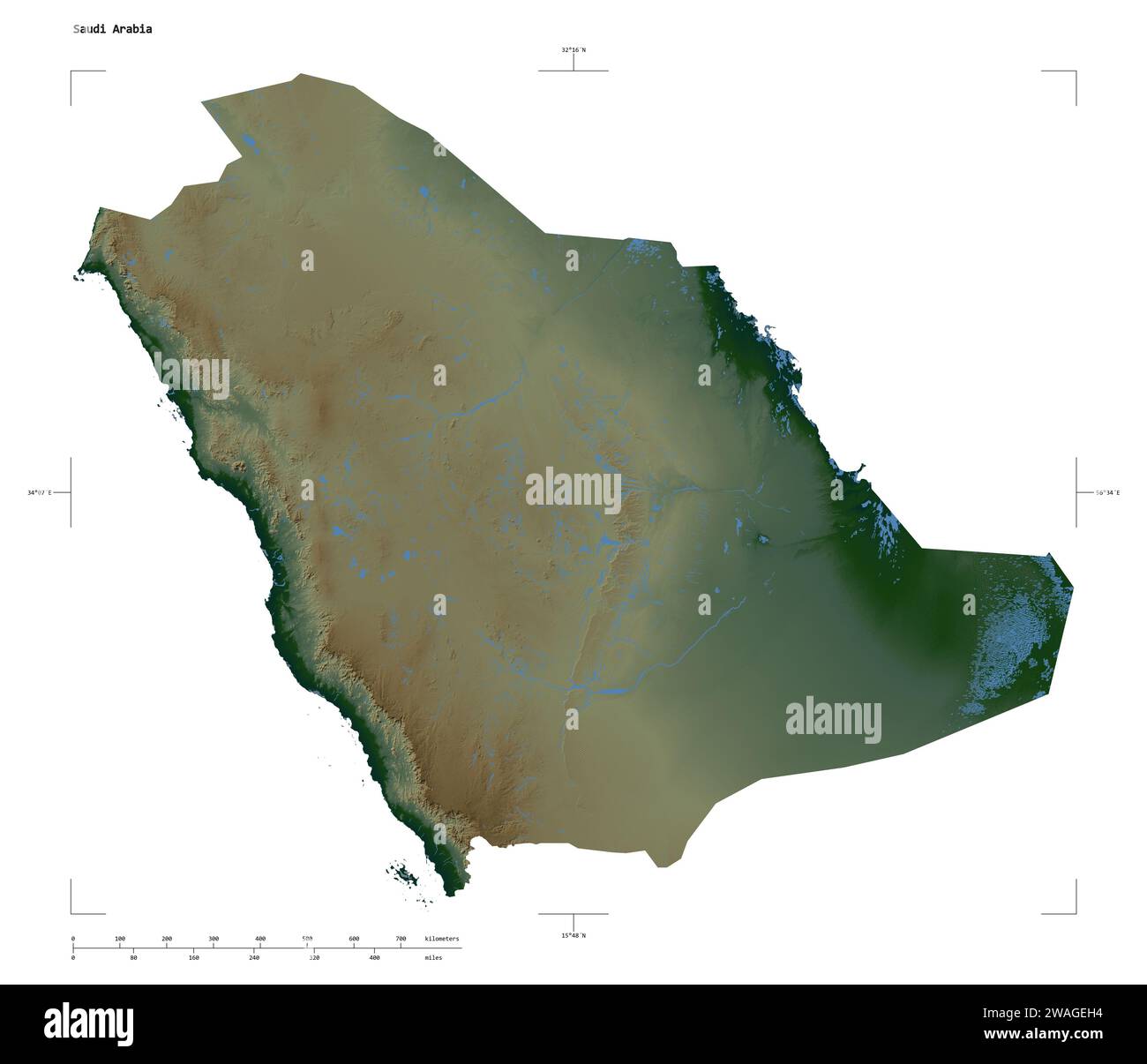 Shape of a Colored elevation map with lakes and rivers of the Saudi ...