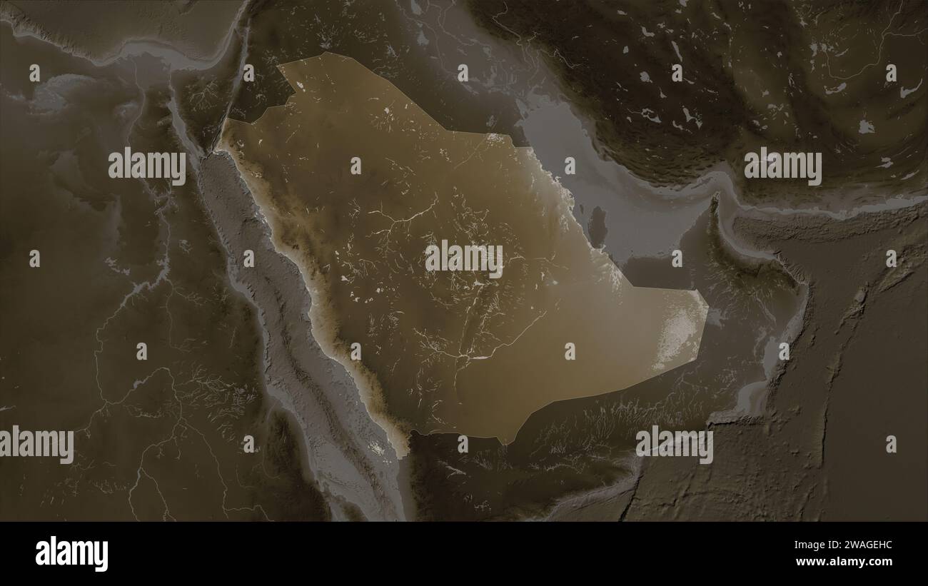 Saudi Arabia highlighted on a elevation map colored in sepia tones with ...