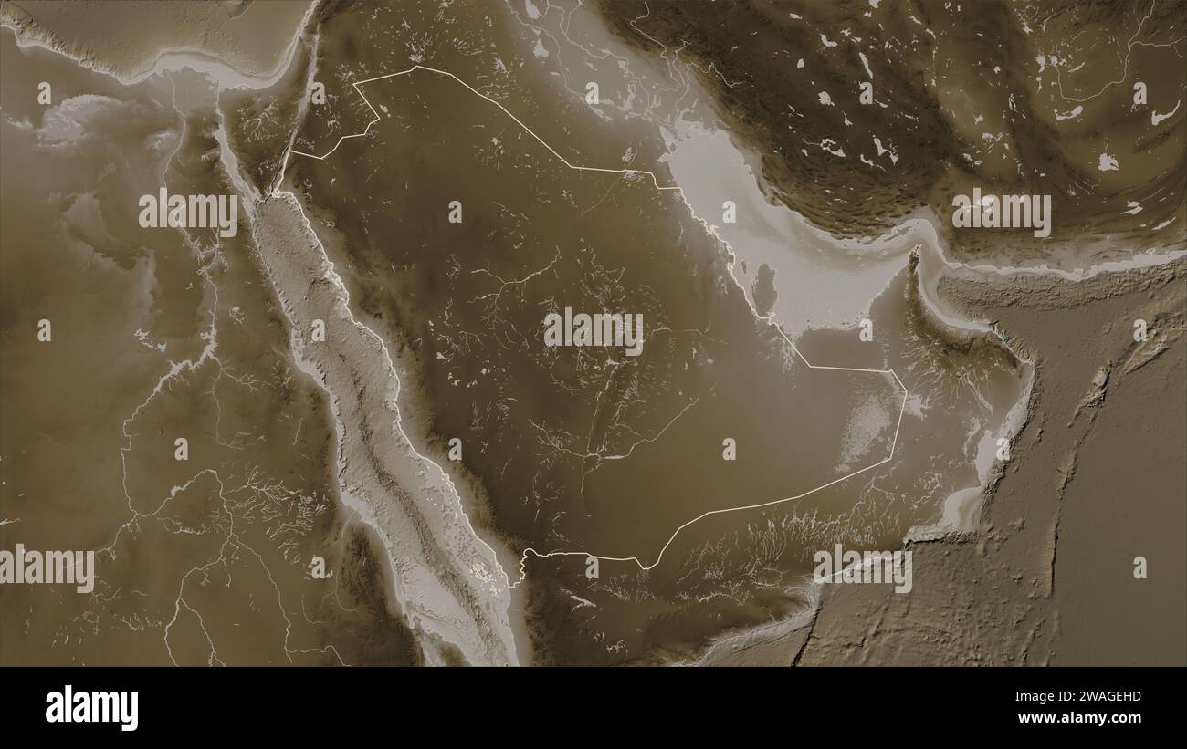 Saudi Arabia outlined on a elevation map colored in sepia tones with ...