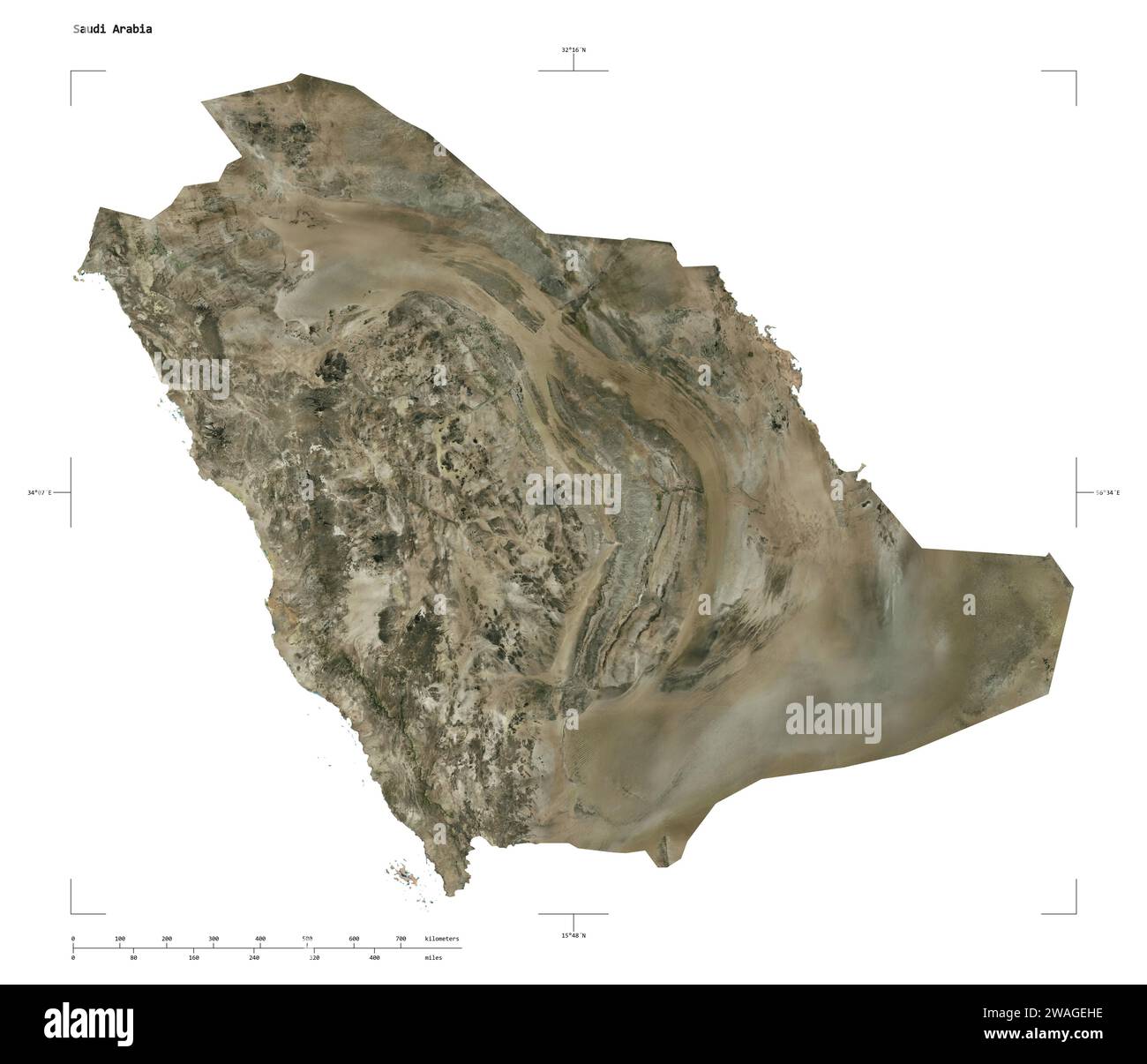 Shape of a high resolution satellite map of the Saudi Arabia, with distance scale and map border ...