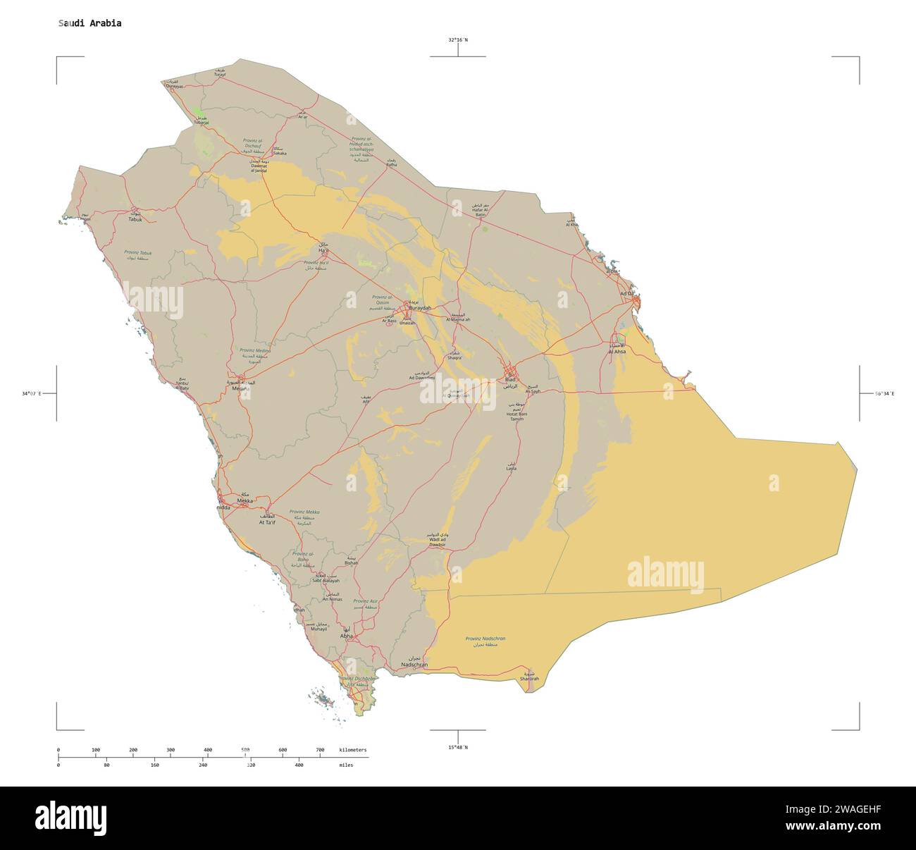 Shape of a topographic, OSM Germany style map of the Saudi Arabia, with distance scale and map ...