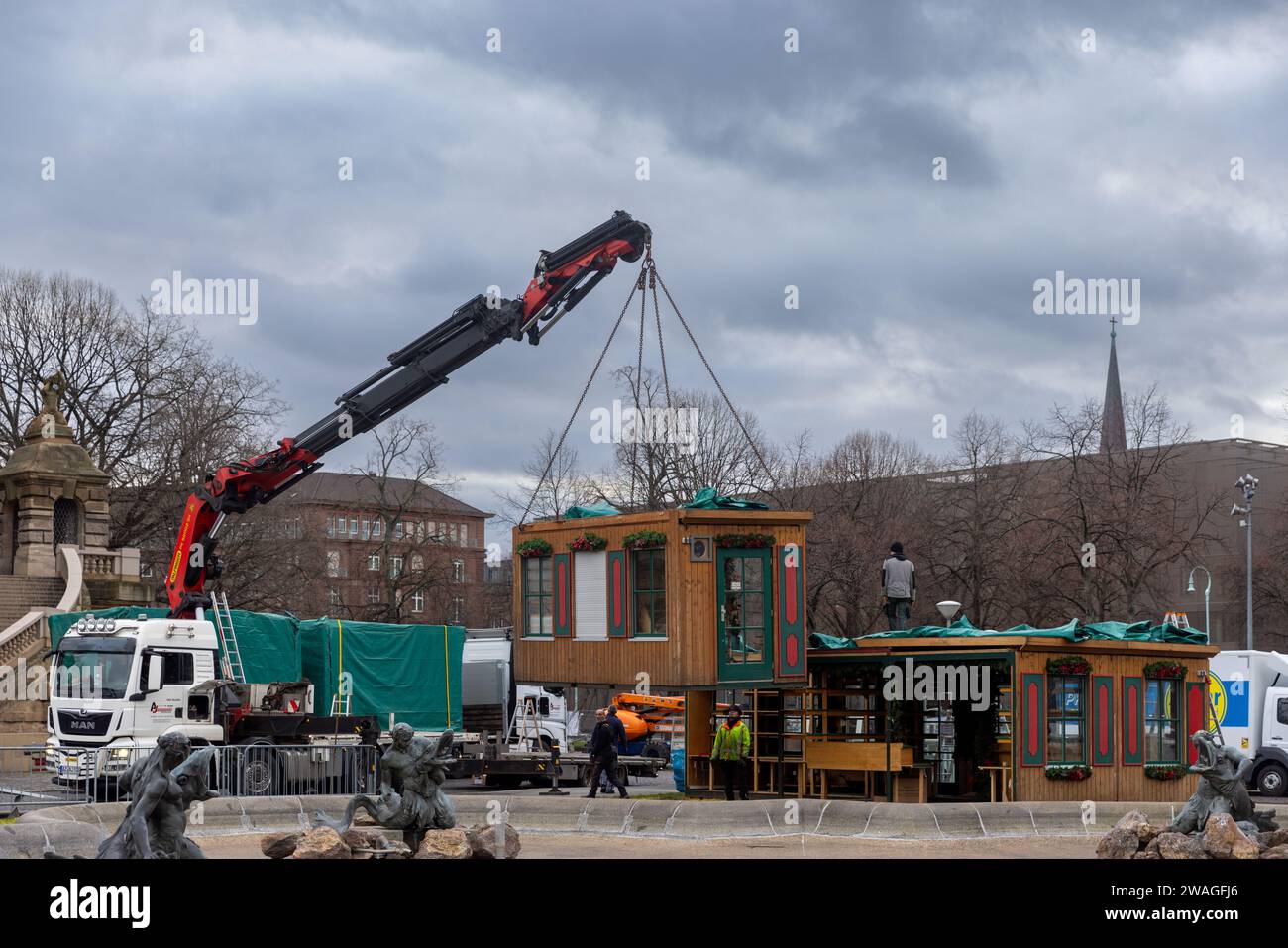 German Christmas Market Hut being taken down after Holiday Season Stock ...