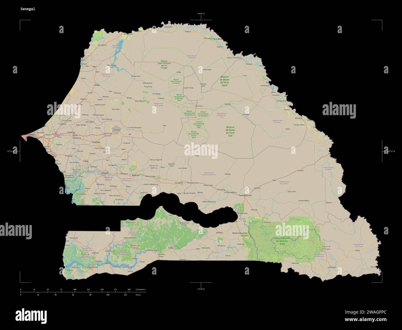 Shape of a topographic, OSM standard style map of the Senegal, with distance scale and map ...