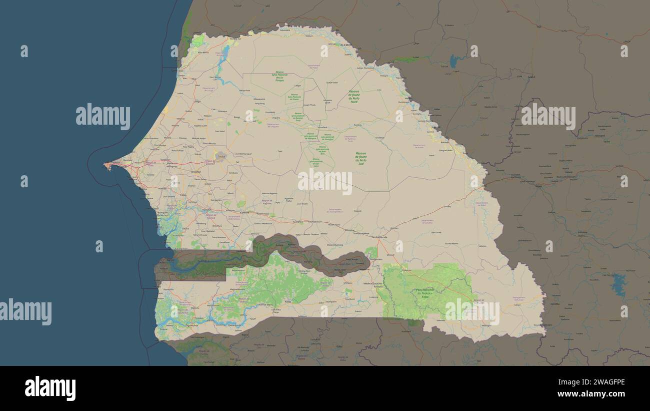 Senegal highlighted on a topographic, OSM standard style map Stock ...