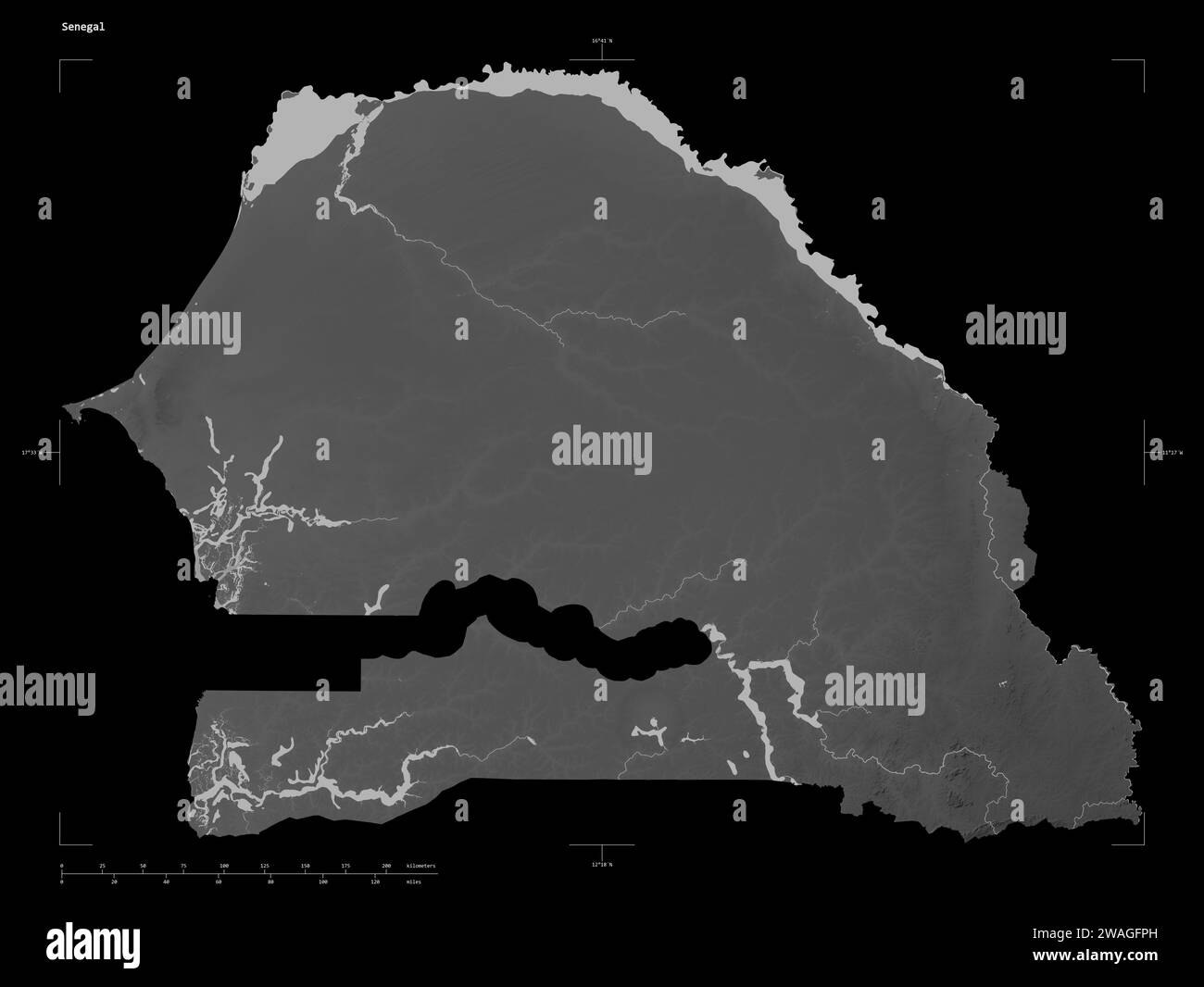 Shape of a Grayscale elevation map with lakes and rivers of the Senegal, with distance scale and ...