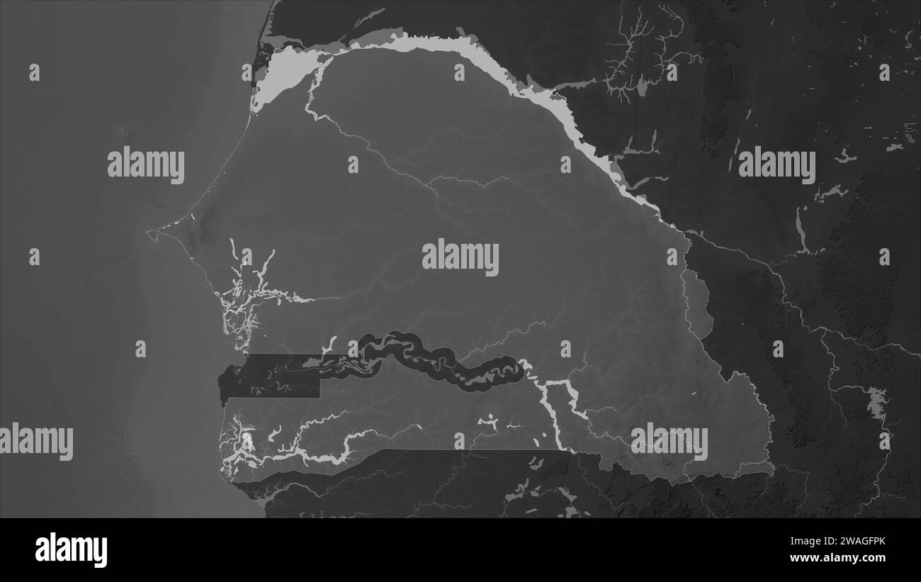 Senegal highlighted on a Grayscale elevation map with lakes and rivers ...