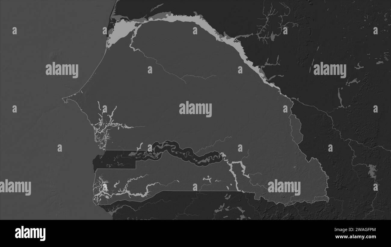 Senegal highlighted on a Bilevel elevation map with lakes and rivers ...