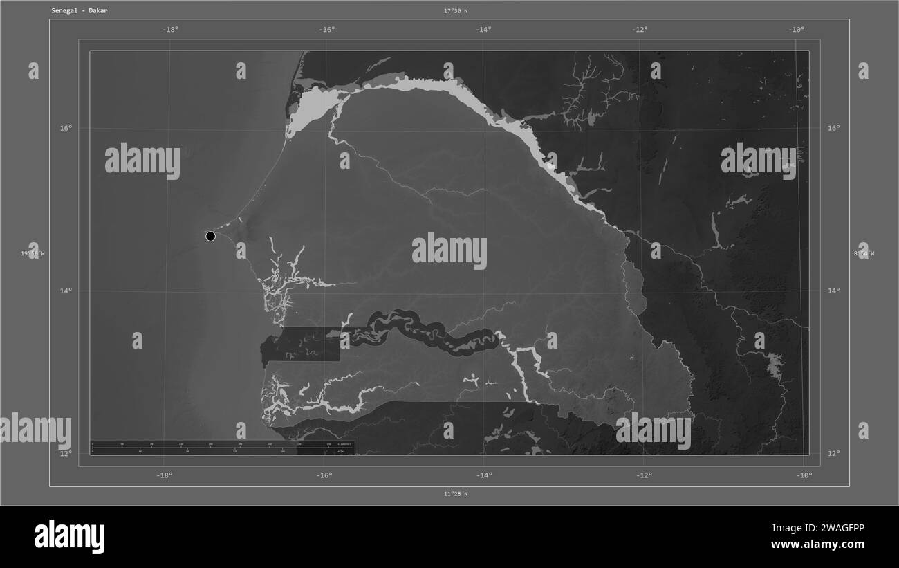 Senegal highlighted on a Grayscale elevation map with lakes and rivers ...