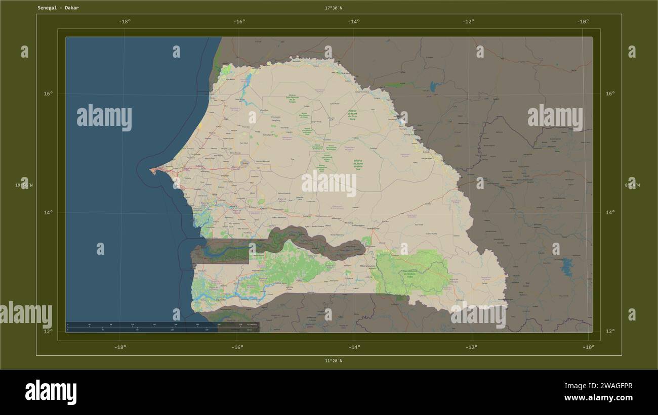 Senegal highlighted on a topographic, OSM standard style map map with ...