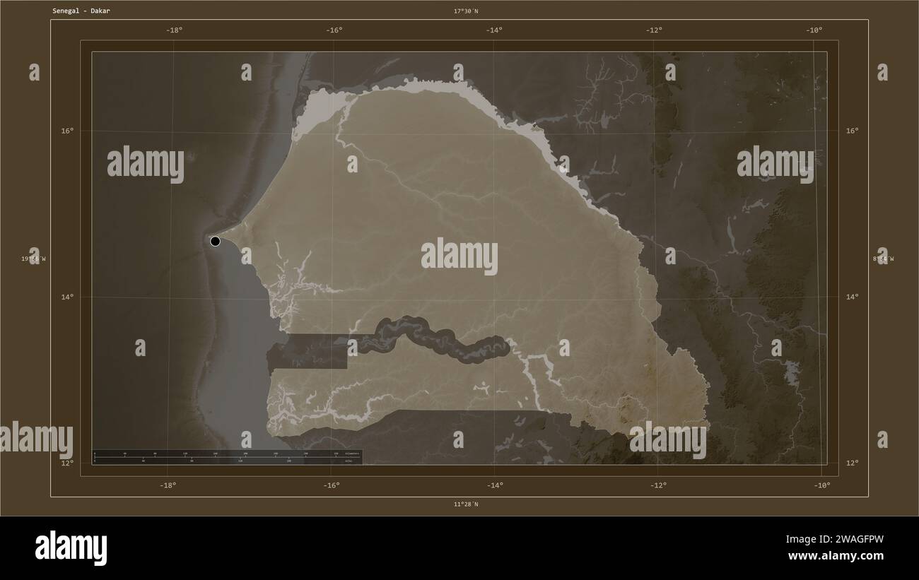 Senegal highlighted on a elevation map colored in sepia tones with ...