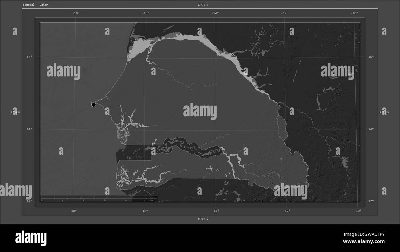 Senegal highlighted on a Bilevel elevation map with lakes and rivers ...