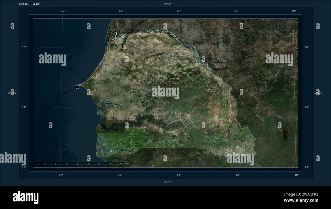 Senegal highlighted on a high resolution satellite map map with the country's capital point ...