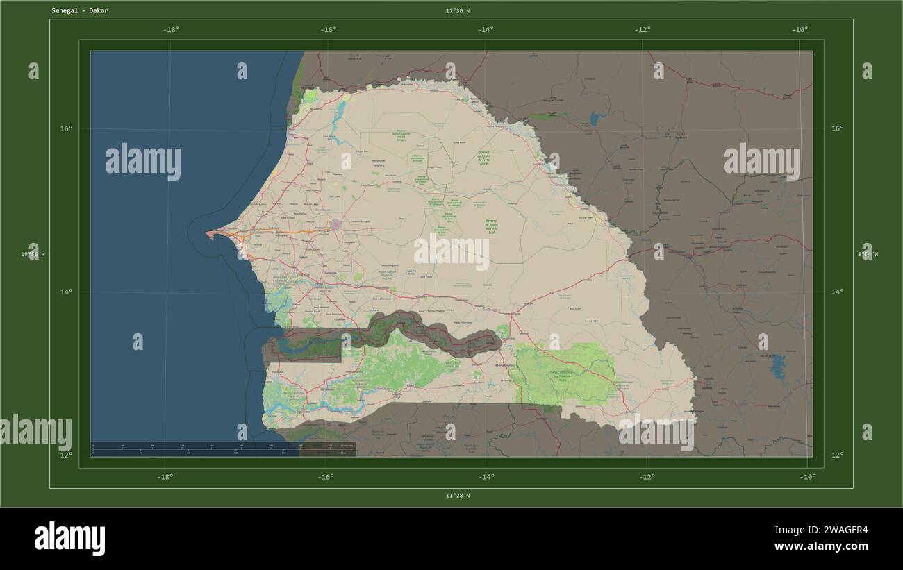 Senegal highlighted on a topographic, OSM Germany style map map with the country's capital point ...