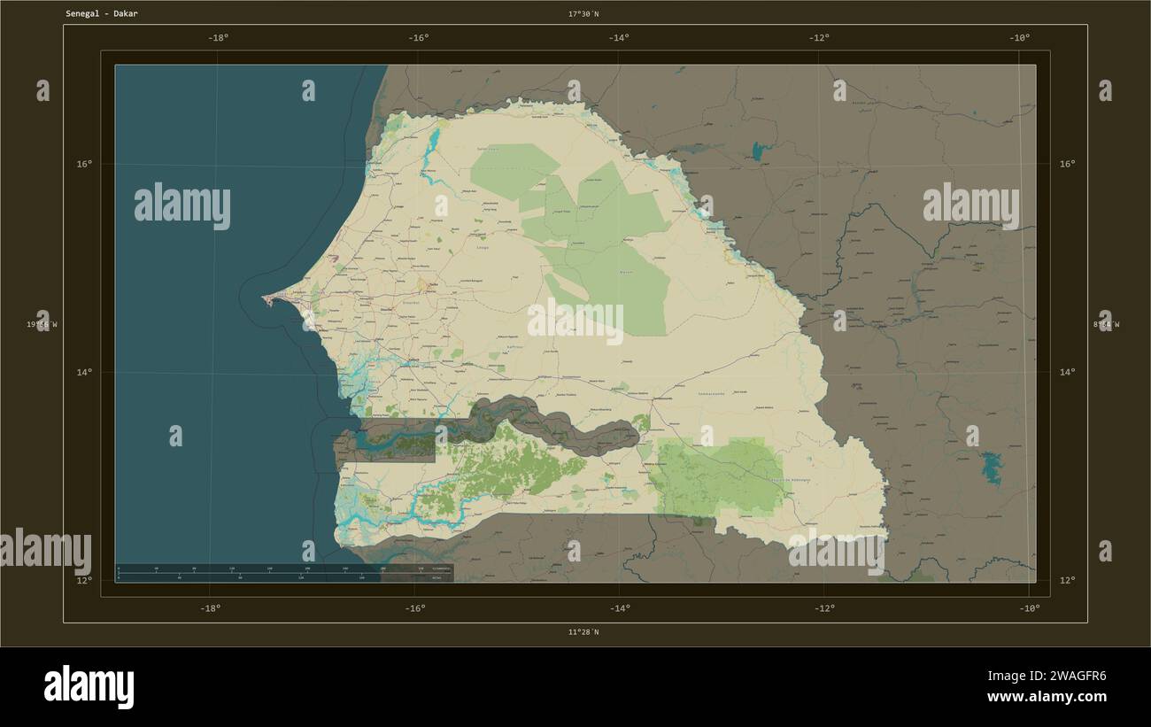 Senegal highlighted on a topographic, OSM Humanitarian style map map ...