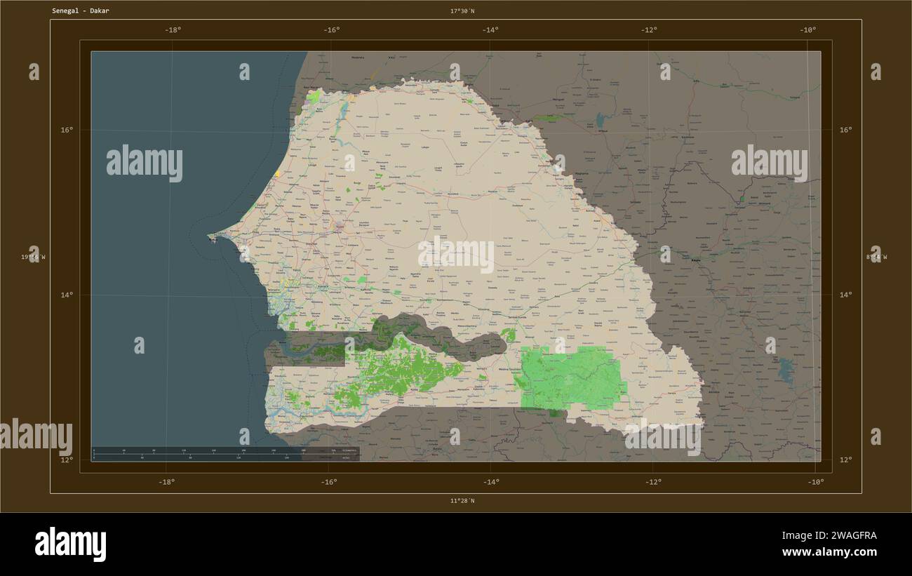 Senegal highlighted on a topographic, OSM France style map map with the ...