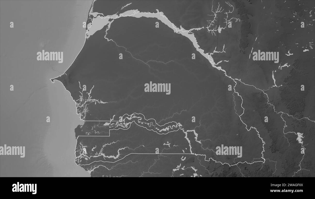 Senegal outlined on a Grayscale elevation map with lakes and rivers ...