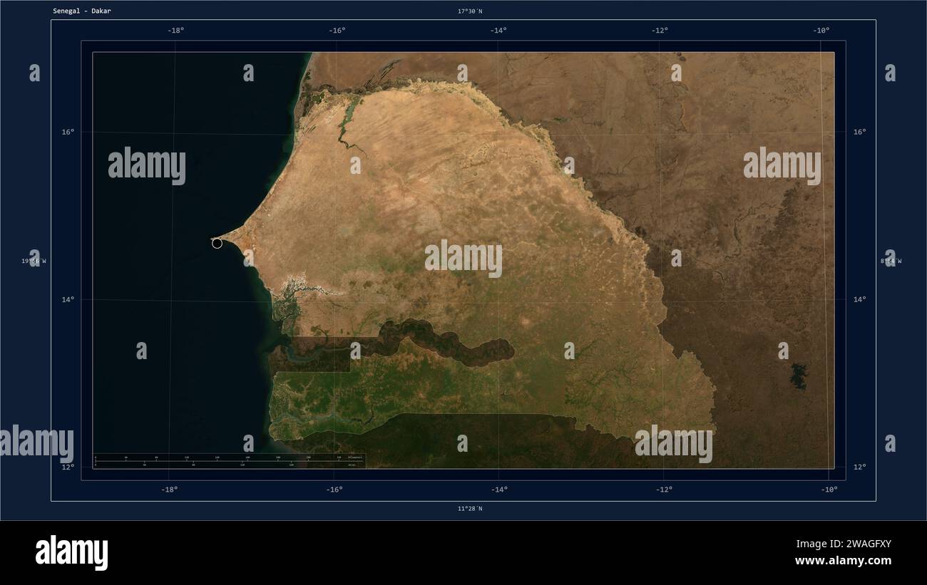 Senegal highlighted on a low resolution satellite map map with the country's capital point ...