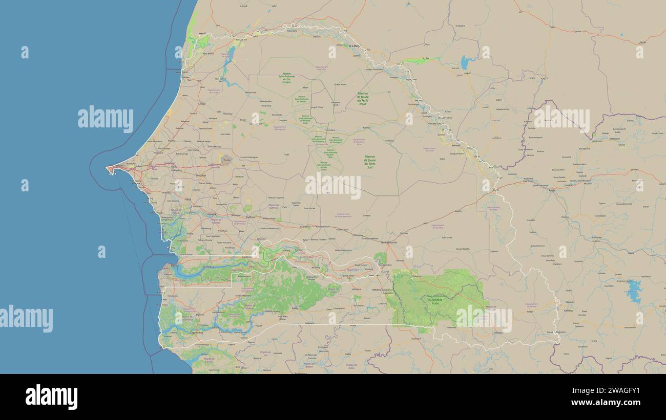 Senegal outlined on a topographic, OSM standard style map Stock Photo ...