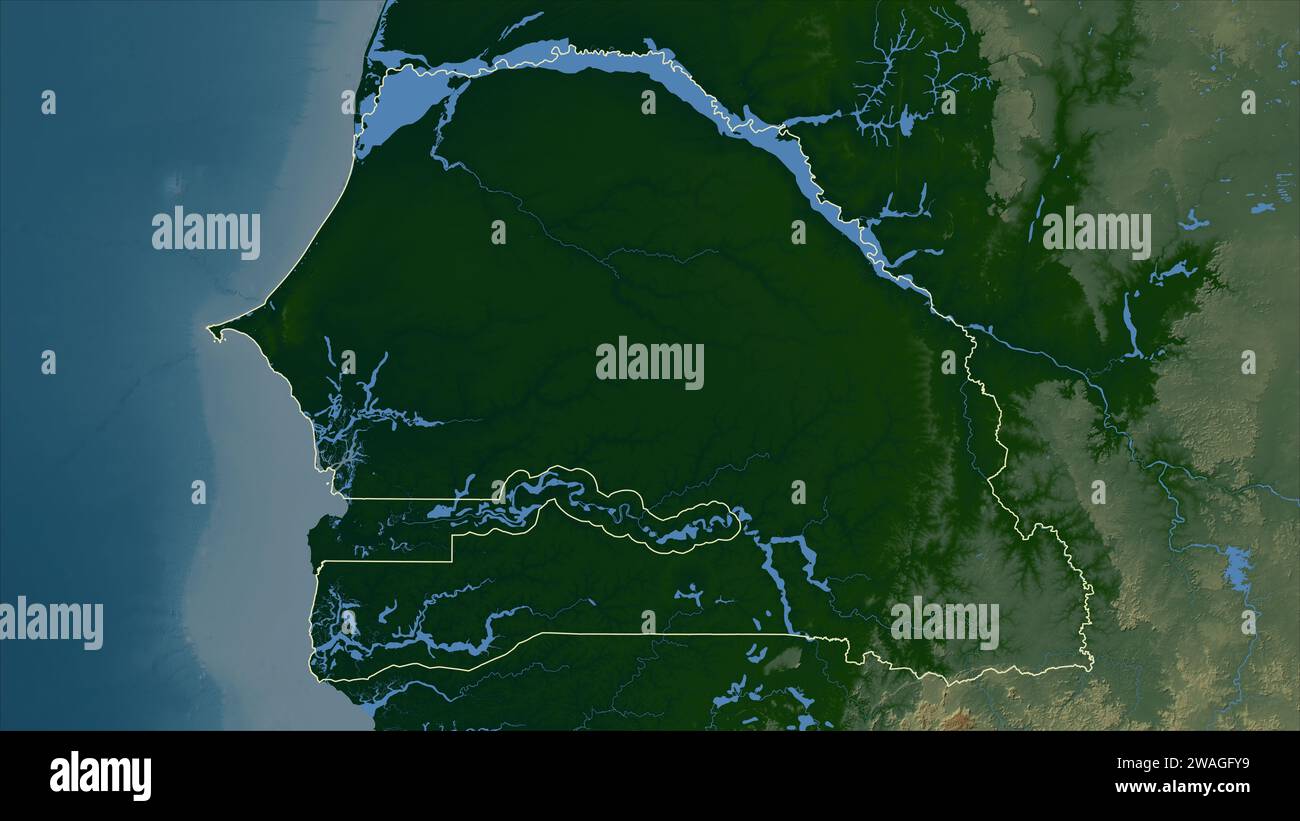 Senegal outlined on a Colored elevation map with lakes and rivers Stock ...