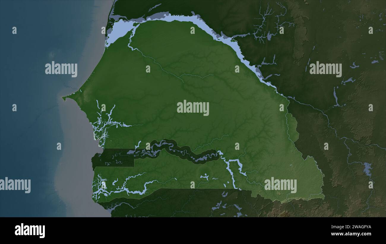 Senegal highlighted on a Pale colored elevation map with lakes and ...