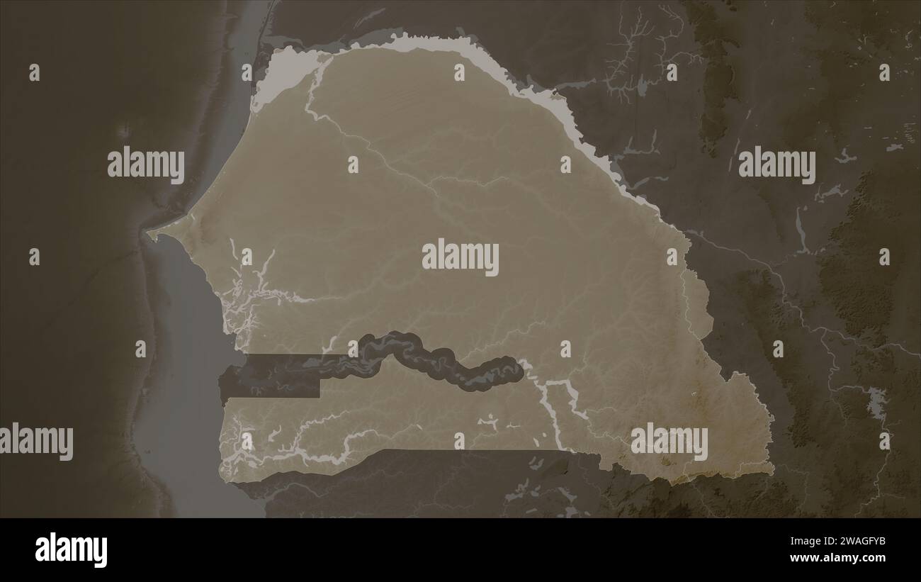 Senegal highlighted on a elevation map colored in sepia tones with ...
