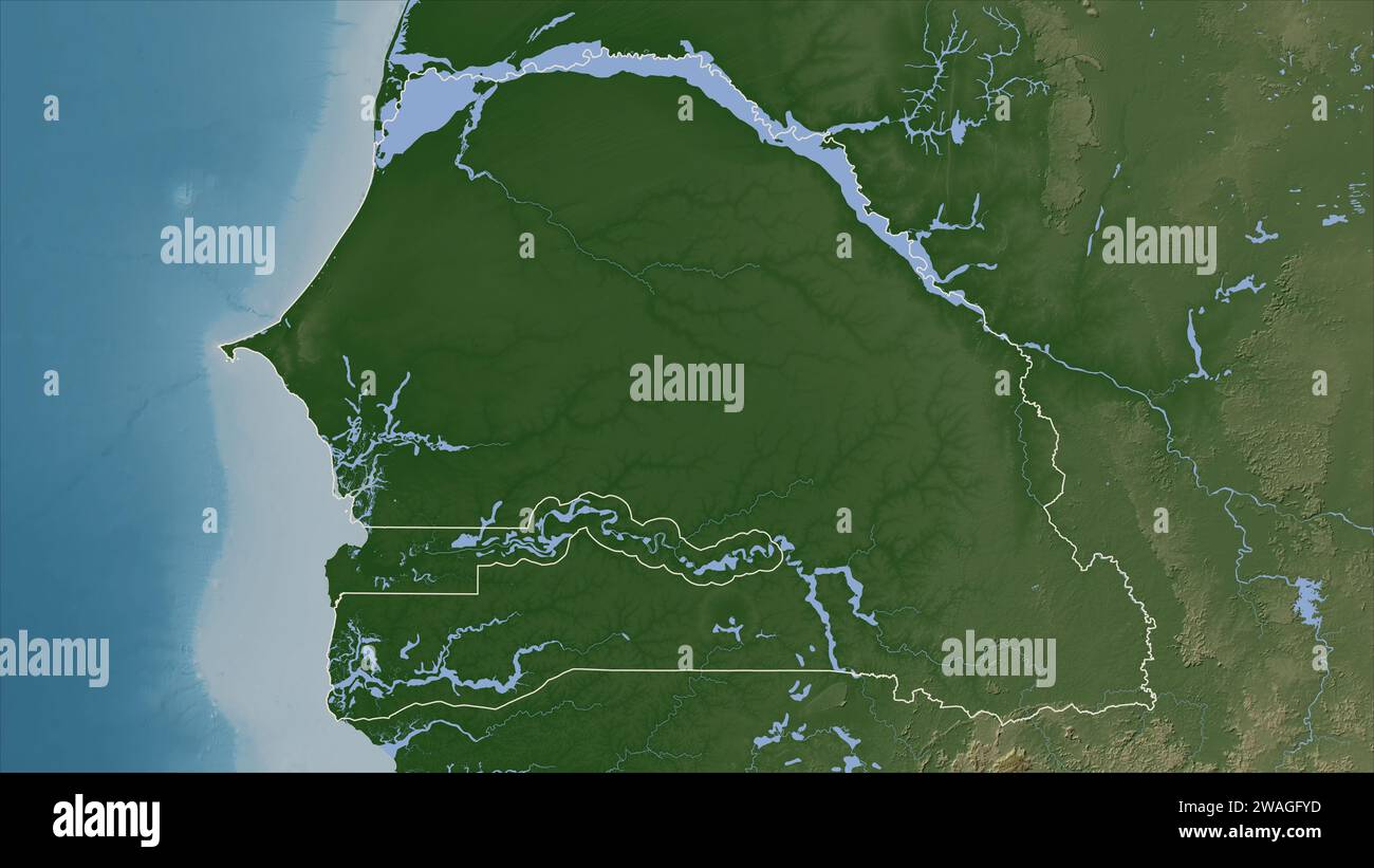 Senegal outlined on a Pale colored elevation map with lakes and rivers ...