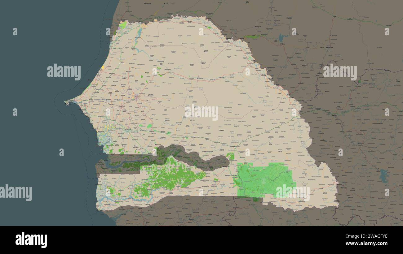 Senegal highlighted on a topographic, OSM France style map Stock Photo ...