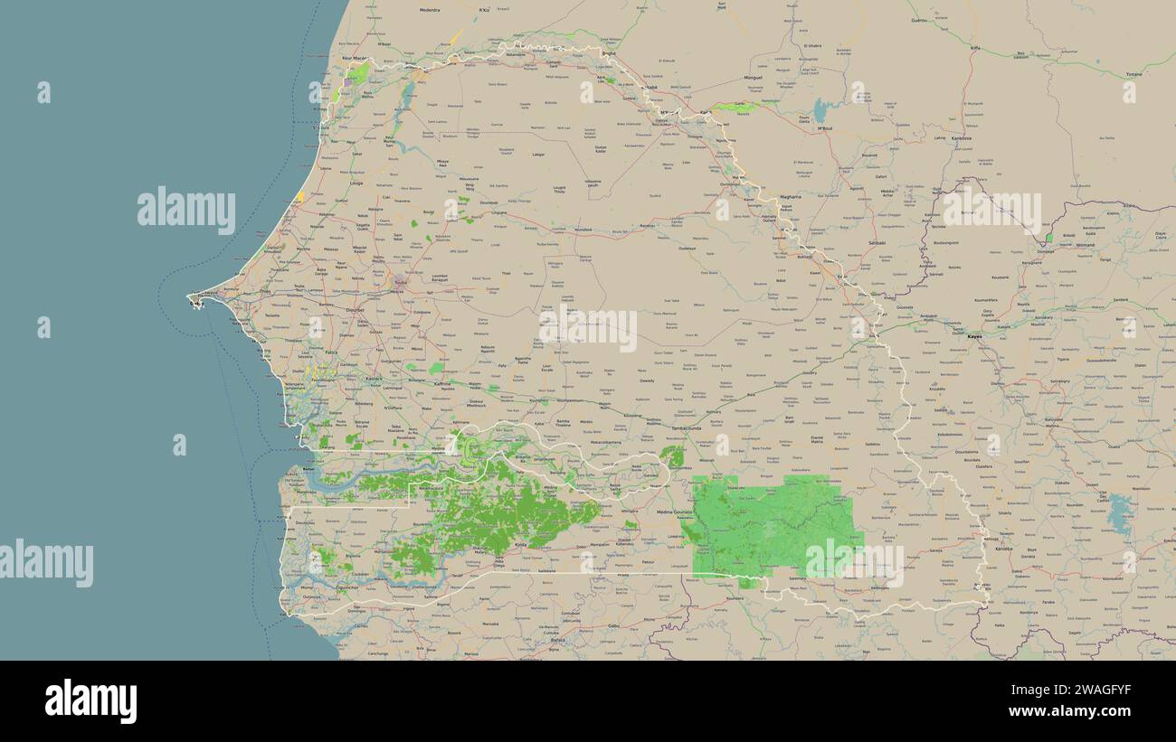 Senegal outlined on a topographic, OSM France style map Stock Photo - Alamy