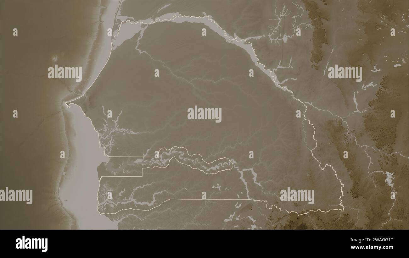 Senegal outlined on a elevation map colored in sepia tones with lakes ...