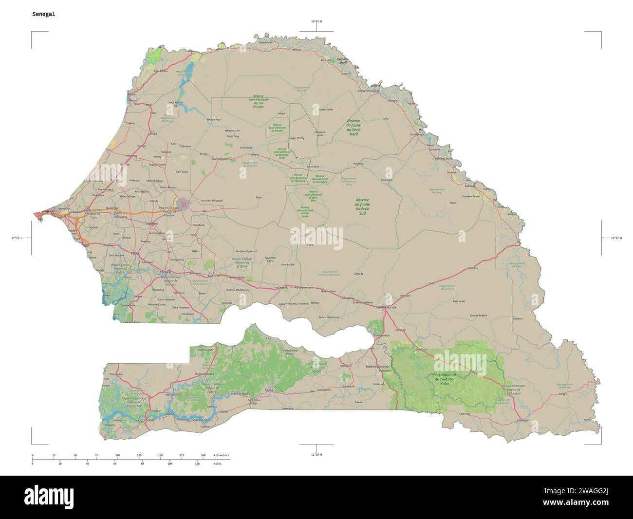 Shape of a topographic, OSM Germany style map of the Senegal, with distance scale and map border ...