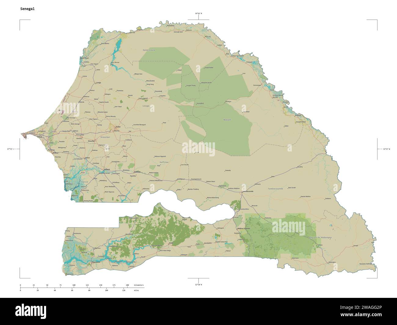 Shape of a topographic, OSM Humanitarian style map of the Senegal, with distance scale and map ...