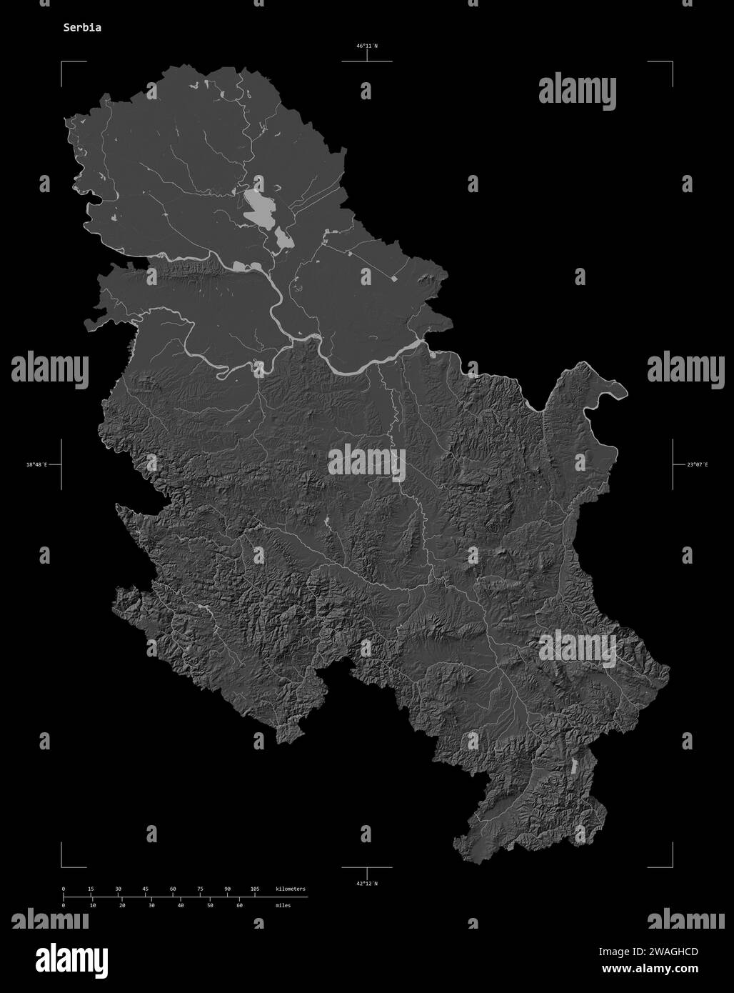 Shape of a Bilevel elevation map with lakes and rivers of the Serbia ...