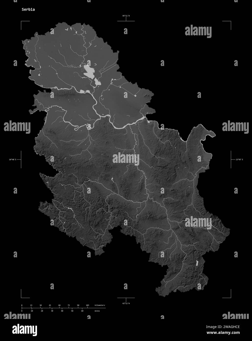 Shape of a Grayscale elevation map with lakes and rivers of the Serbia, with distance scale and ...