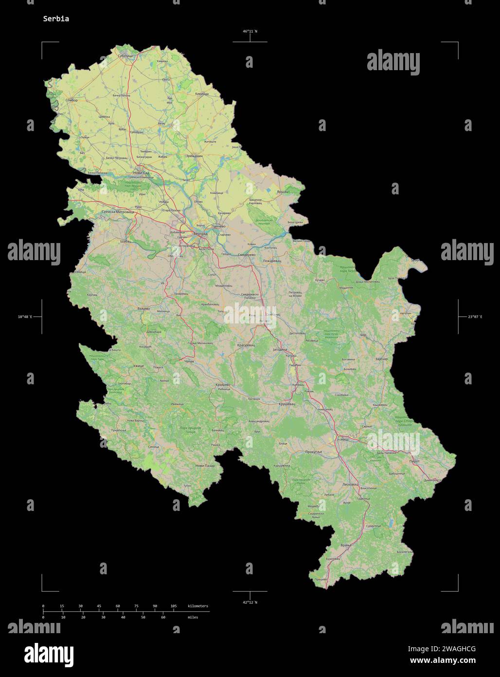 Shape of a topographic, OSM standard style map of the Serbia, with ...