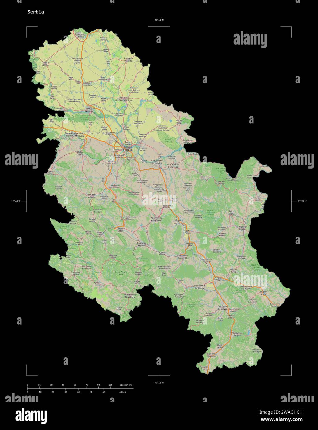 Shape of a topographic, OSM Germany style map of the Serbia, with ...