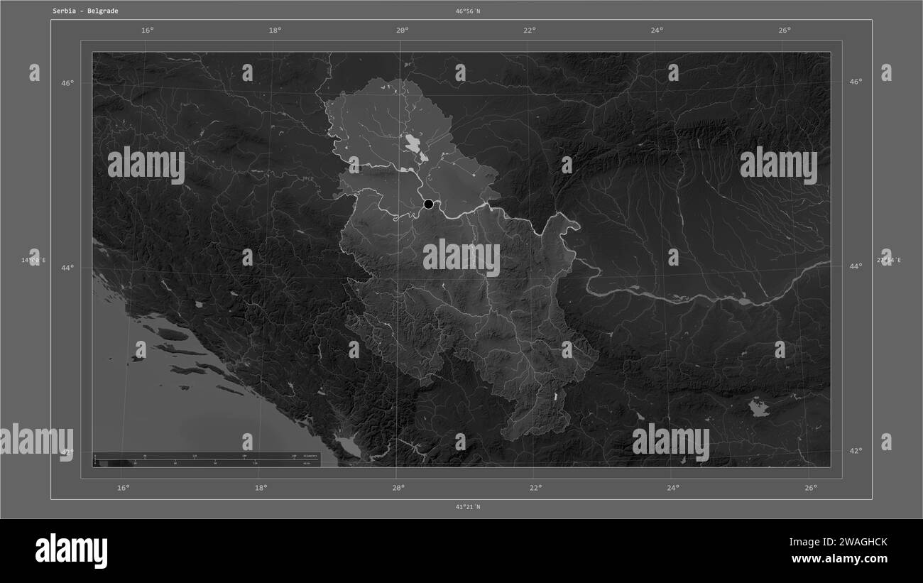 Serbia highlighted on a Grayscale elevation map with lakes and rivers ...