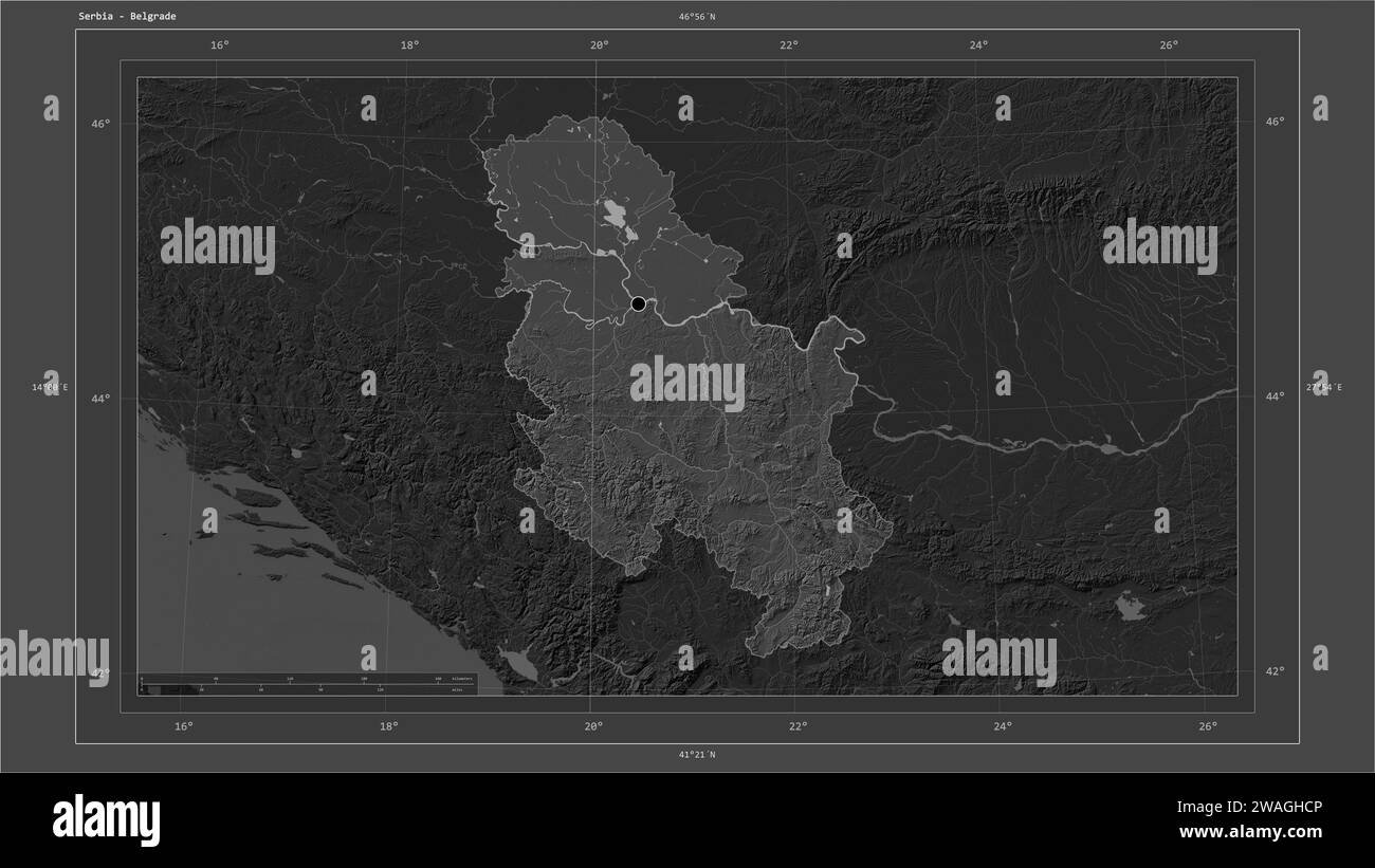 Serbia highlighted on a Bilevel elevation map with lakes and rivers map ...