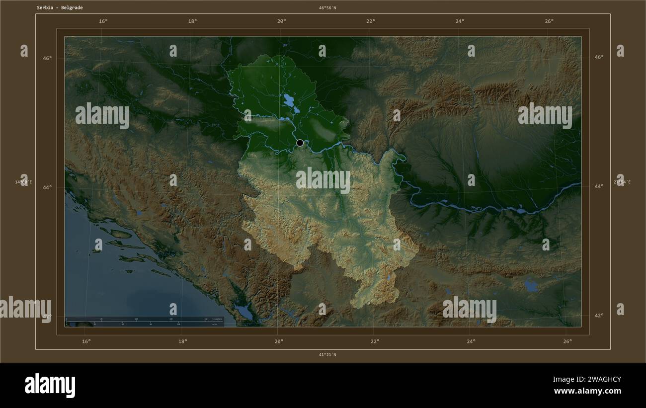 Serbia highlighted on a Colored elevation map with lakes and rivers map ...