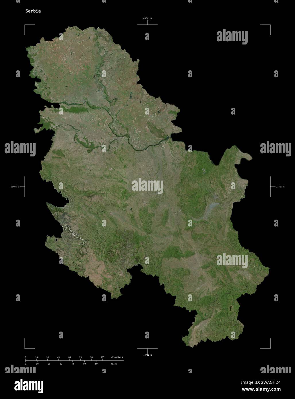 Shape of a high resolution satellite map of the Serbia, with distance ...