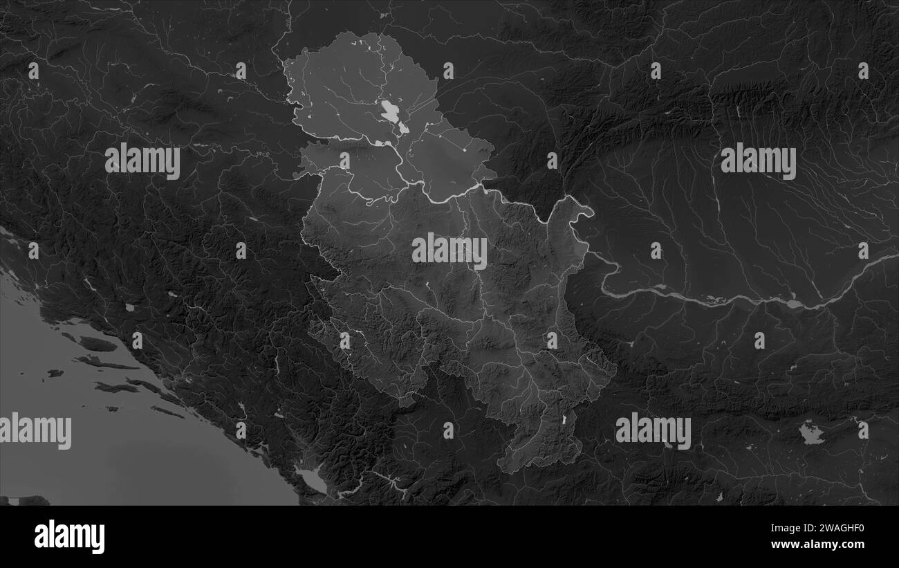 Serbia highlighted on a Grayscale elevation map with lakes and rivers ...