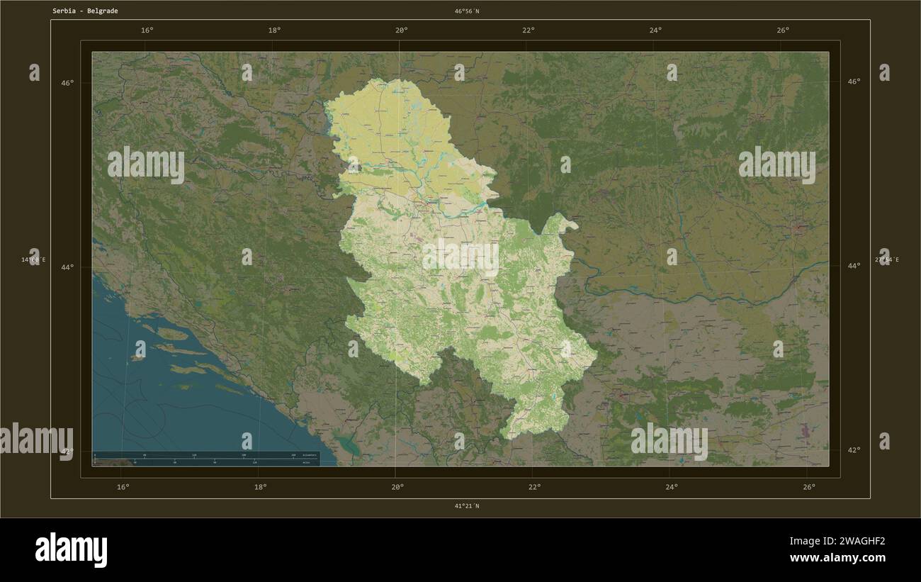 Serbia highlighted on a topographic, OSM Humanitarian style map map ...