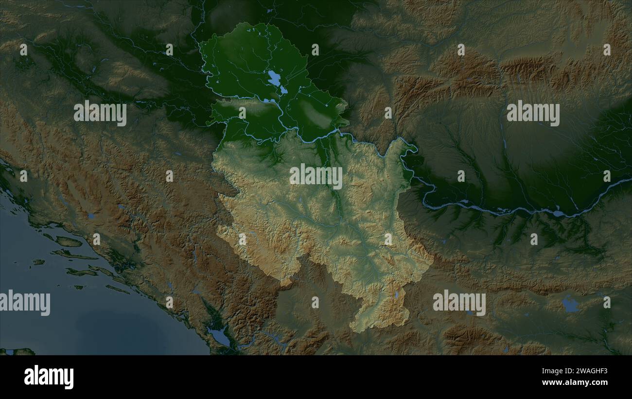 Serbia highlighted on a Colored elevation map with lakes and rivers ...