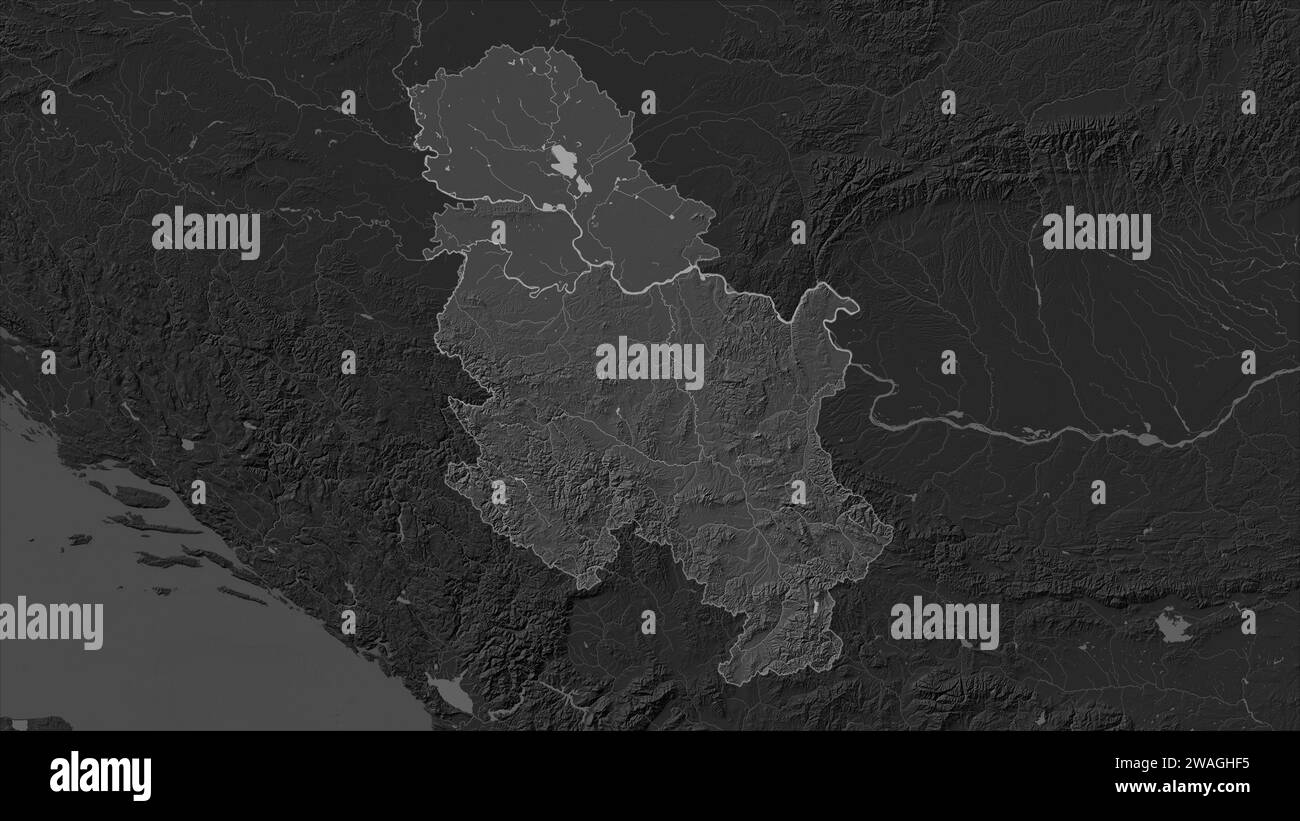 Serbia highlighted on a Bilevel elevation map with lakes and rivers ...