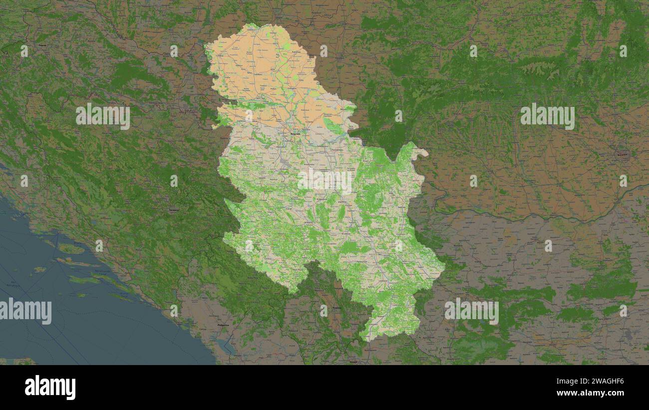 Serbia highlighted on a topographic, OSM France style map Stock Photo ...