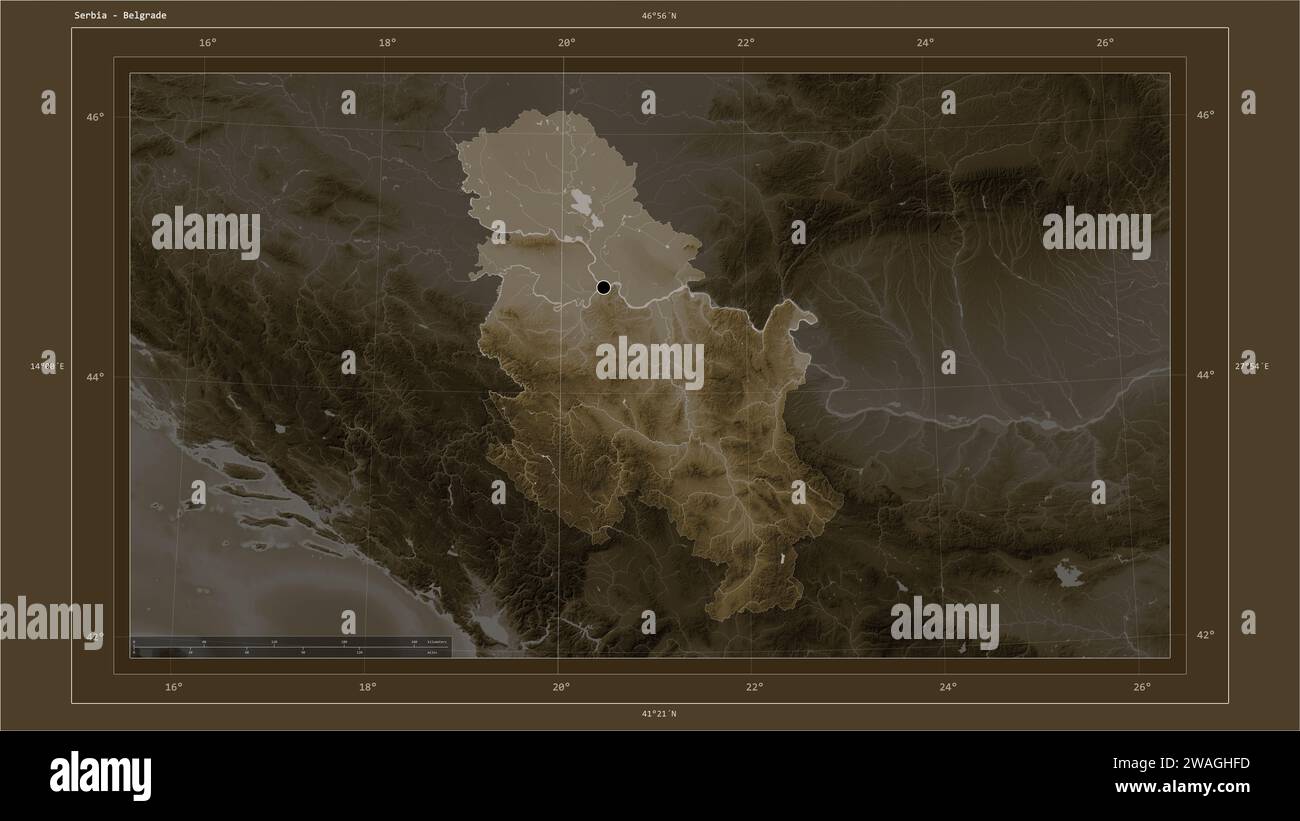 Serbia highlighted on a elevation map colored in sepia tones with lakes ...
